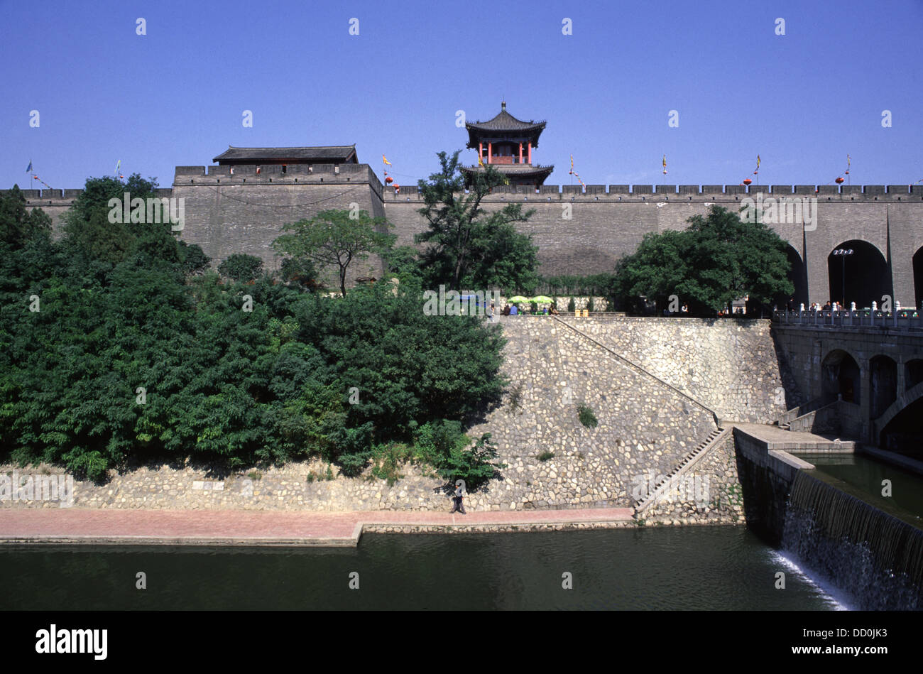 View of the southern wall and watchtower of the fortifications of Xian ...