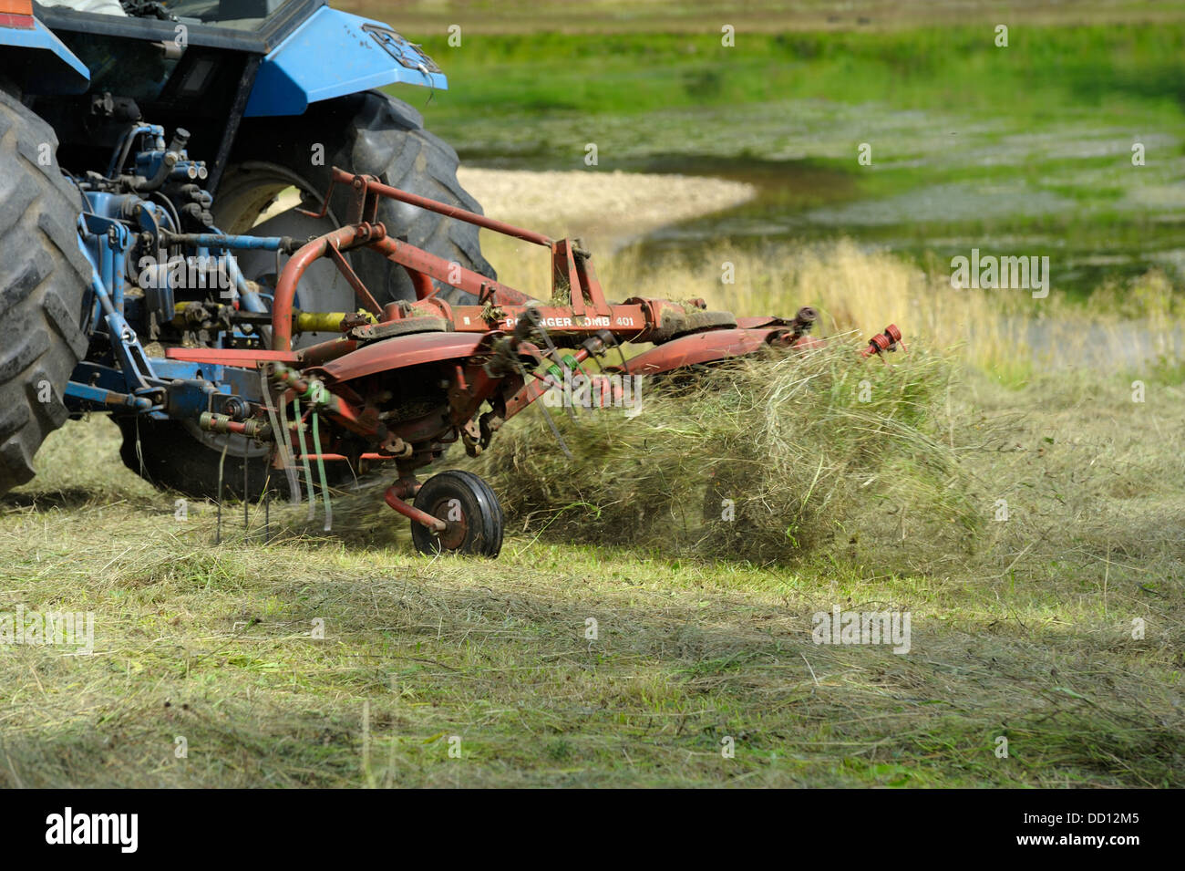 A Pottinger Kombi 401 Hay Tedder working on the back of a farm tractor ...