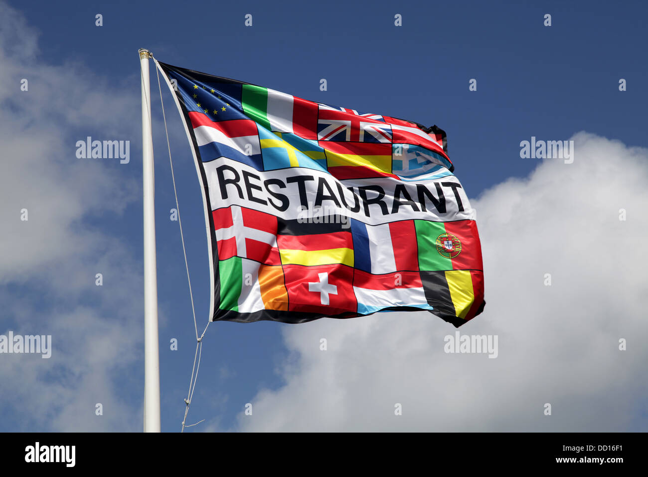 Restaurant flag.Restaurant banner.blue sky.European flag.EU.Europe ...