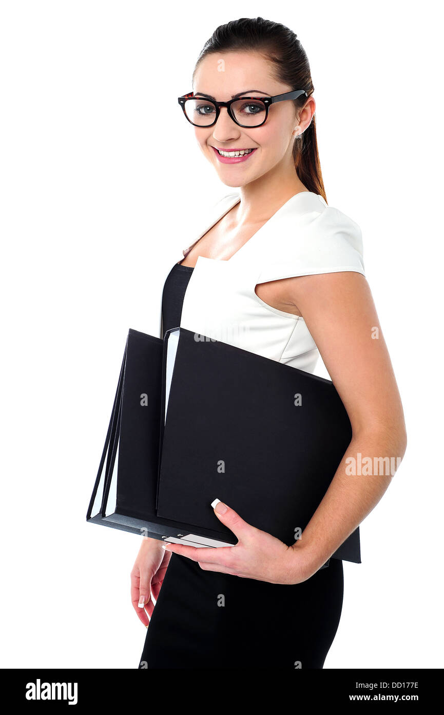 Isolated gorgeous young smiling businesswoman carrying files Stock ...