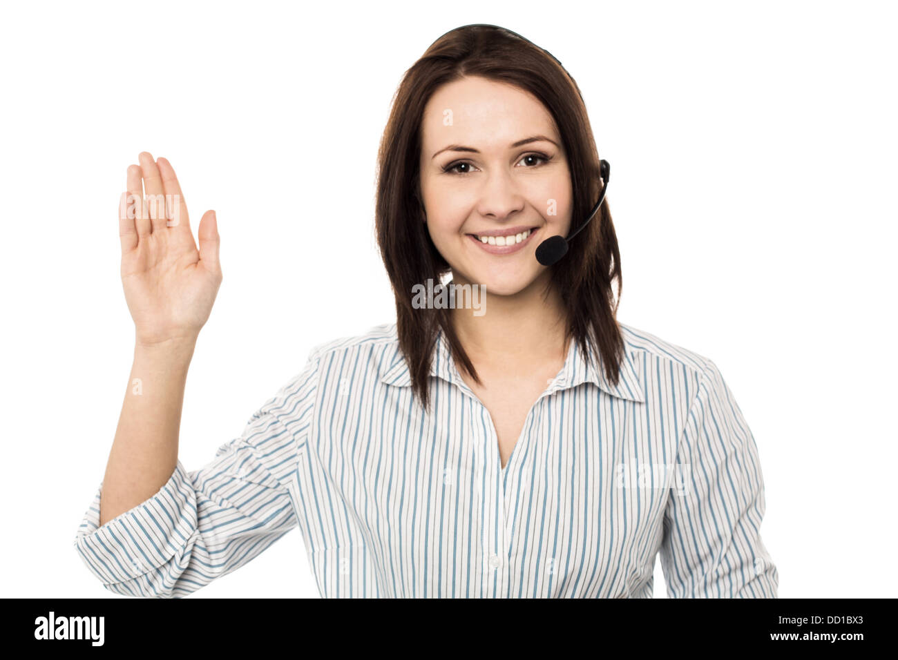 Woman raising hand desk isolated hi-res stock photography and images ...