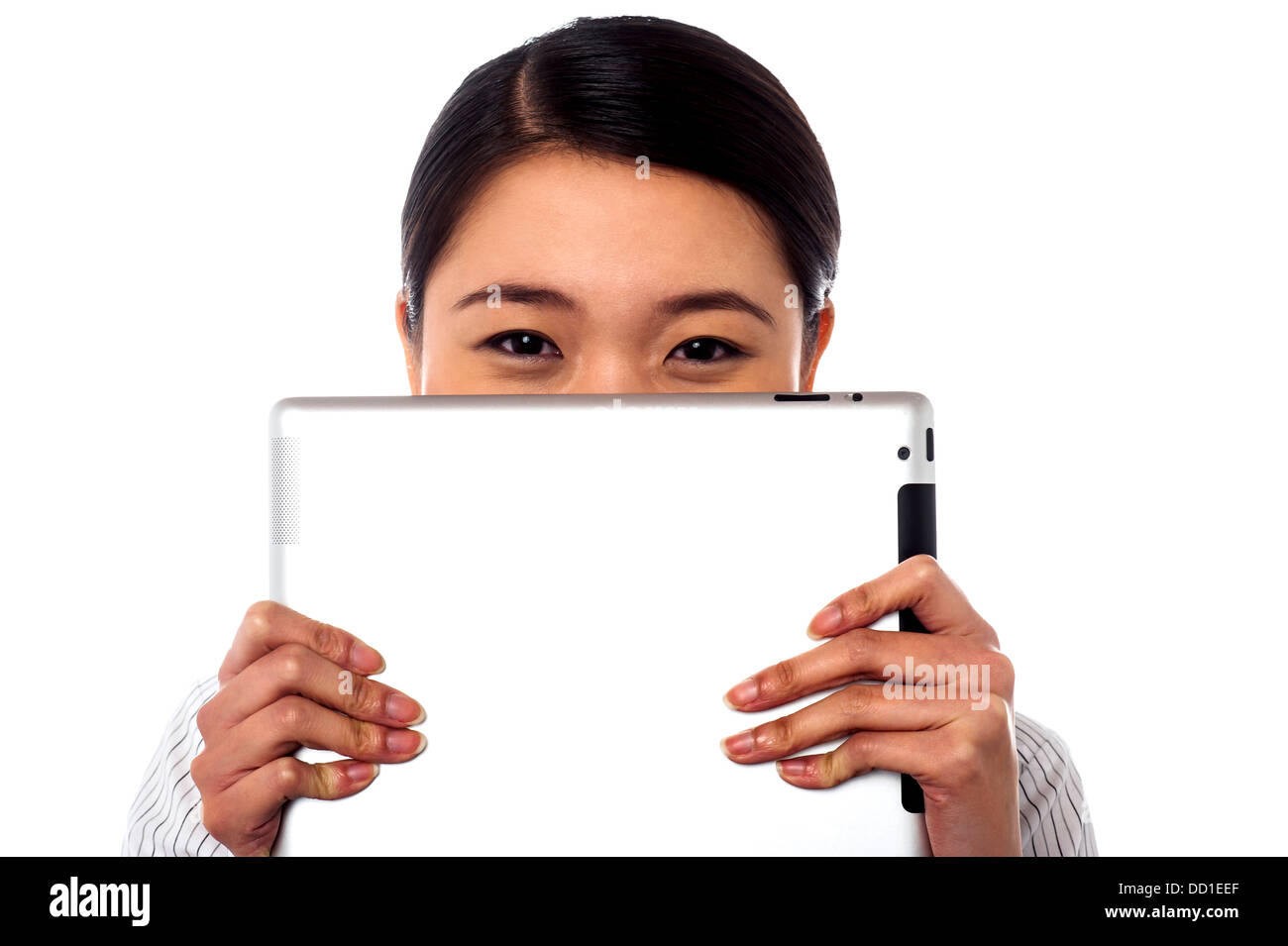 Shy smiling asian woman hiding her face with tablet pc Stock Photo - Alamy