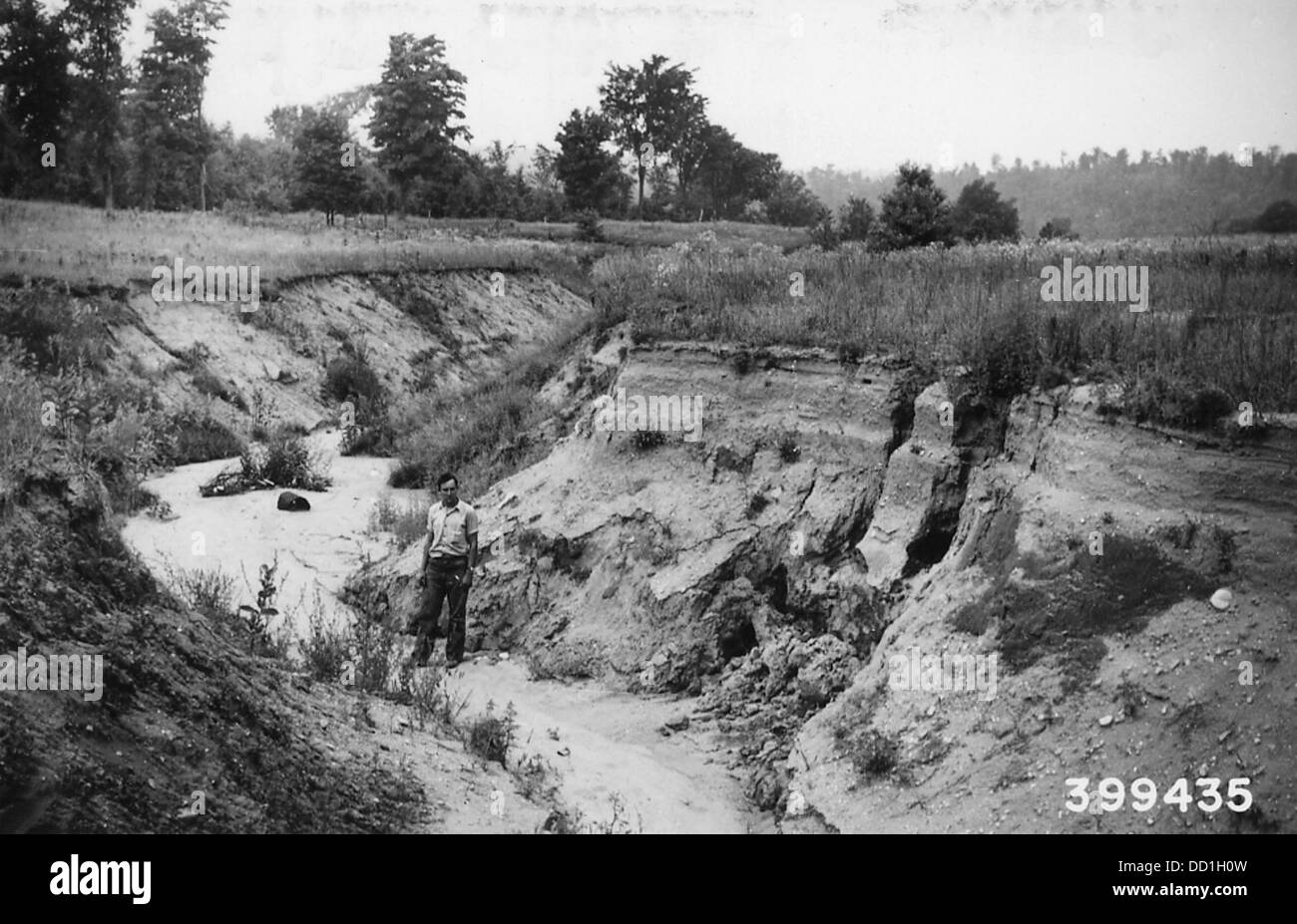 A large 800-foot-long gully is visible in an abandoned field ...