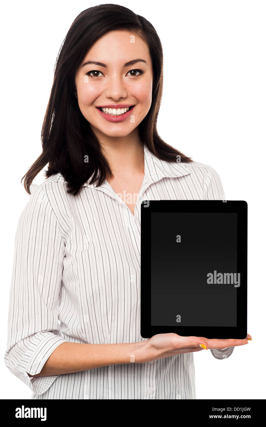 Saleswoman Presenting Newly Launched Tablet Device For Sale Stock Photo