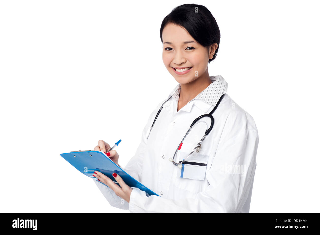 Smiling female physician writing prescription on clipboard Stock Photo ... Smiling female physician writing prescription on clipboard Stock Photo ...
