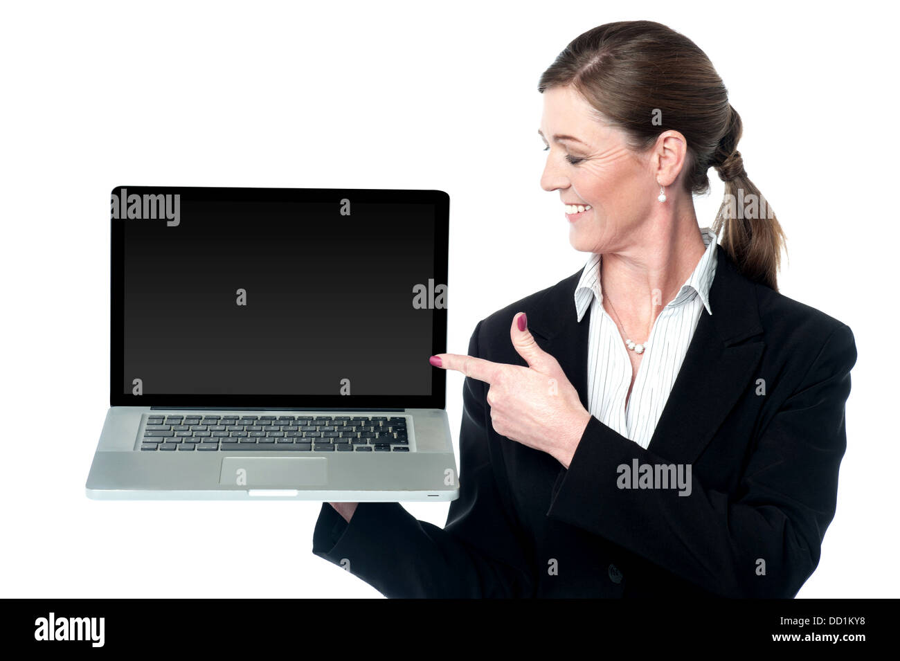 Beautiful sales representative introducing brand new laptop Stock Photo ...