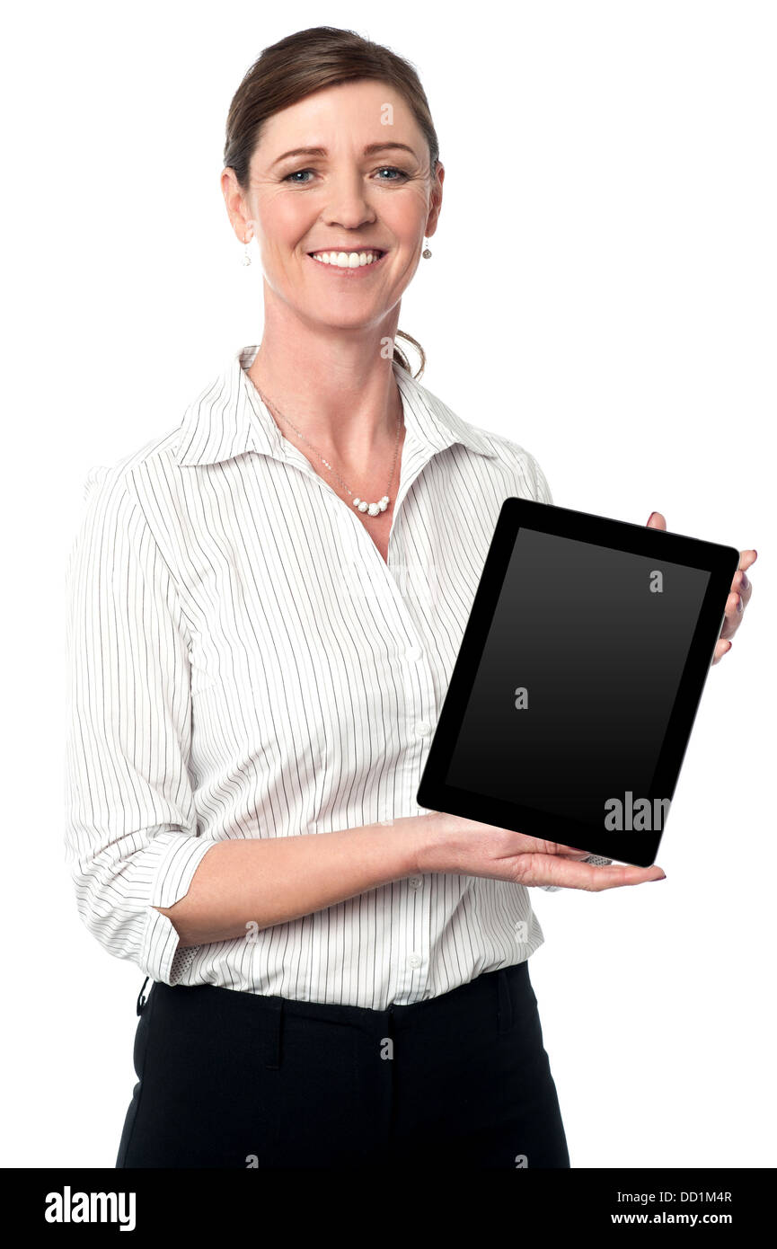 Saleswoman presenting newly launched tablet device for sale Stock Photo ...