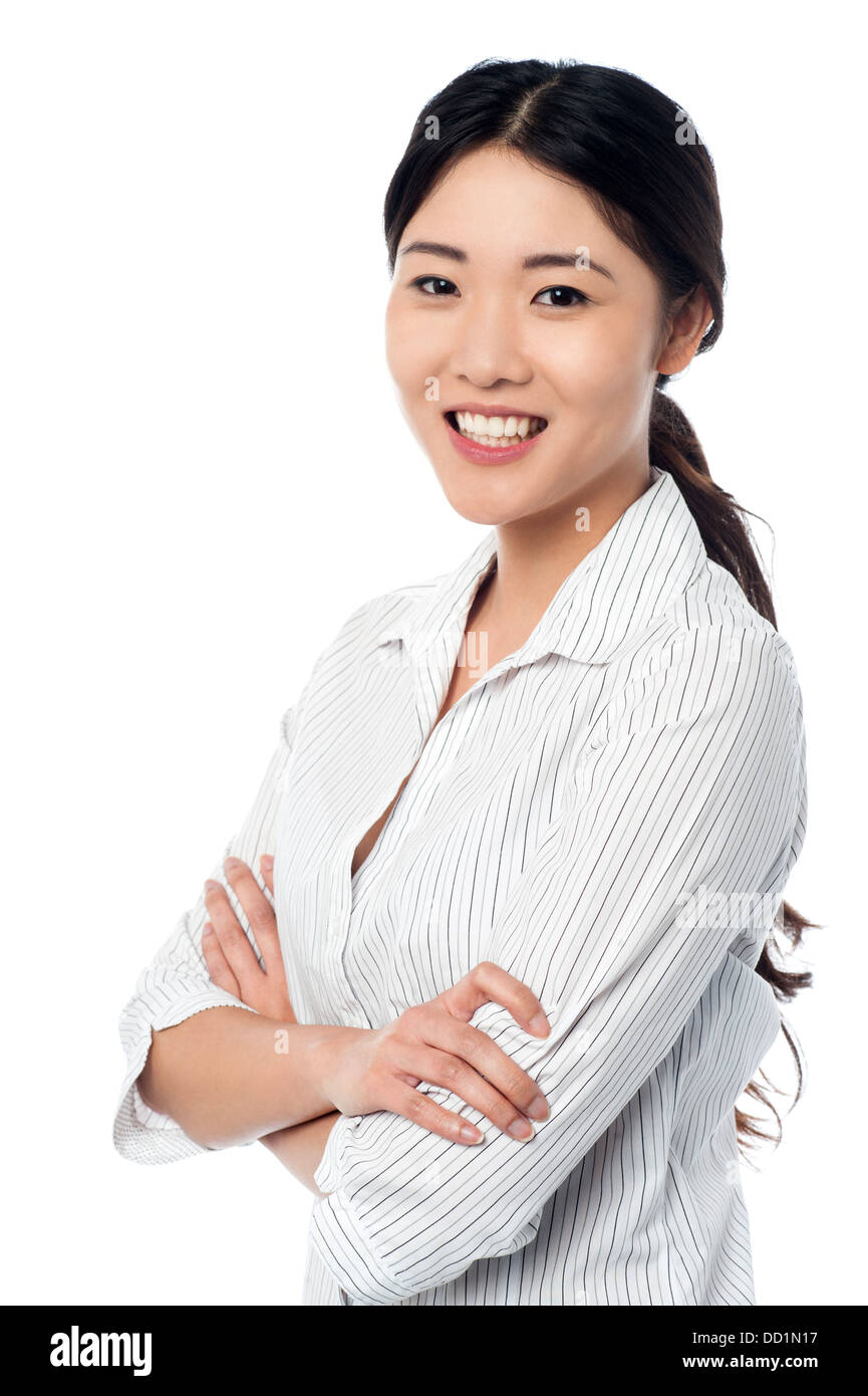 Casual young chinese female model posing sweetly isolated over white ...