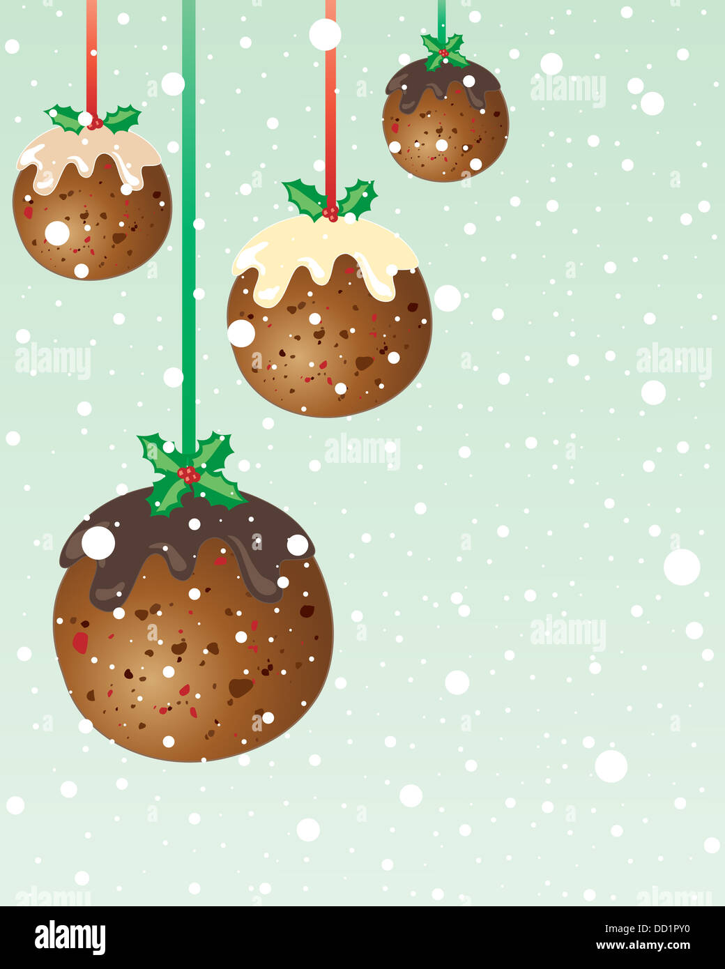 an illustration in greeting card format of festive Christmas pudding ...