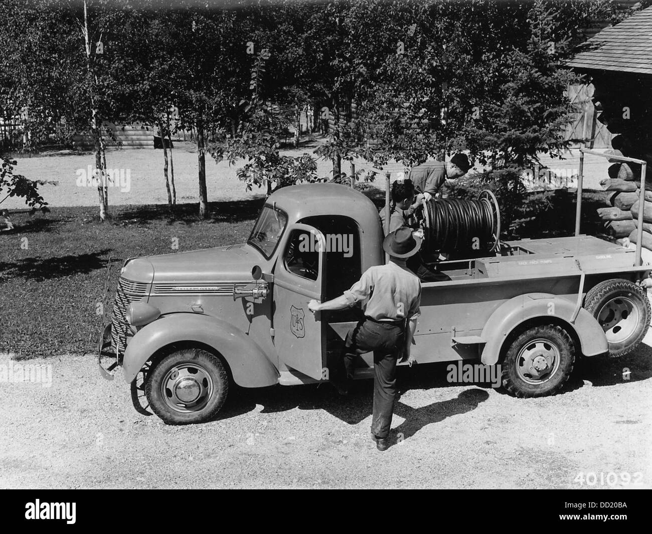 This image shows a fire truck stationed at the Marcel Ranger Station ...