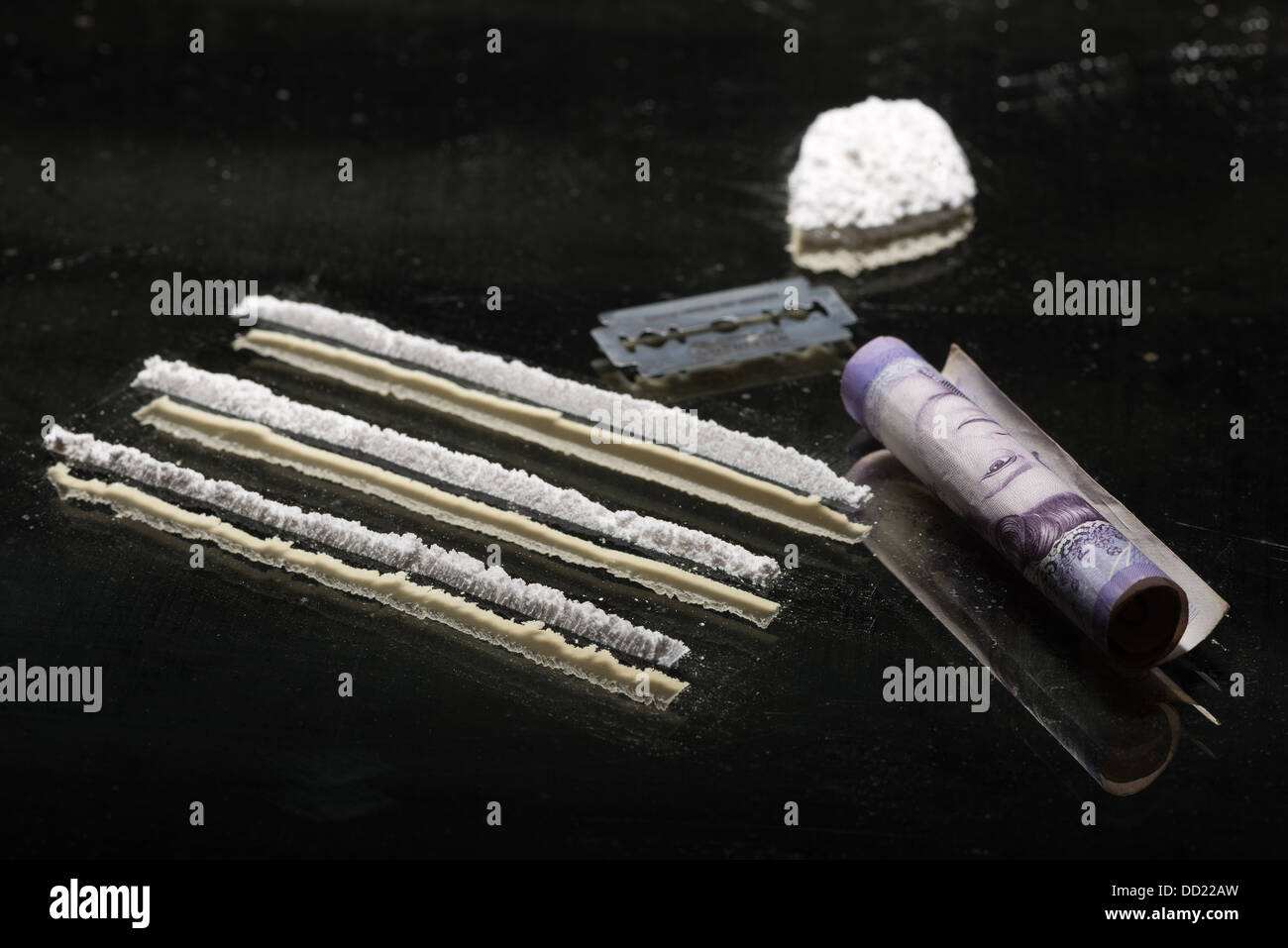 Drug addiction lines rows of powdered cocaine ready to be snorted ...