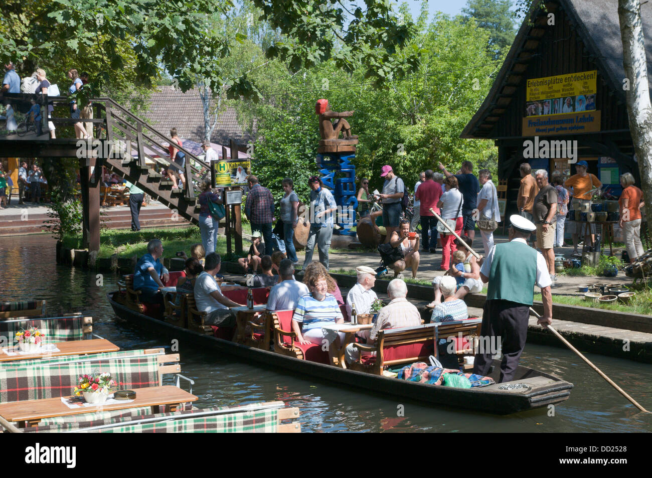 Tourist on boat trip in village of Lehde in Spreewald region of ...