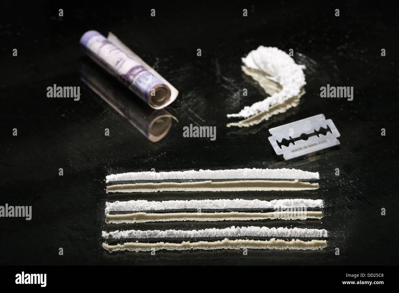 Drug addiction lines rows of powdered cocaine ready to be snorted ...