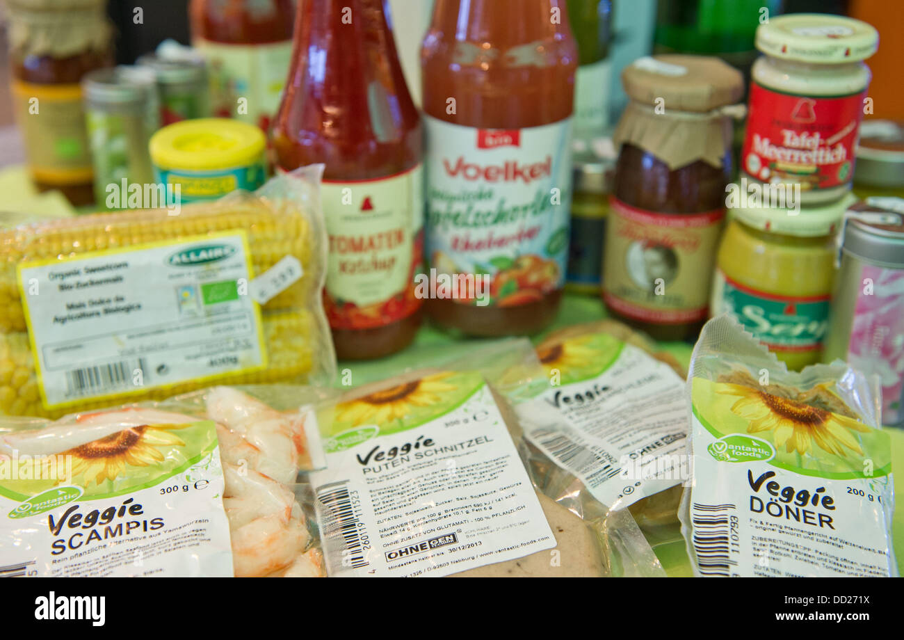 Vegan barbecue products are on display in the vegan supermarket 'Veganz ...