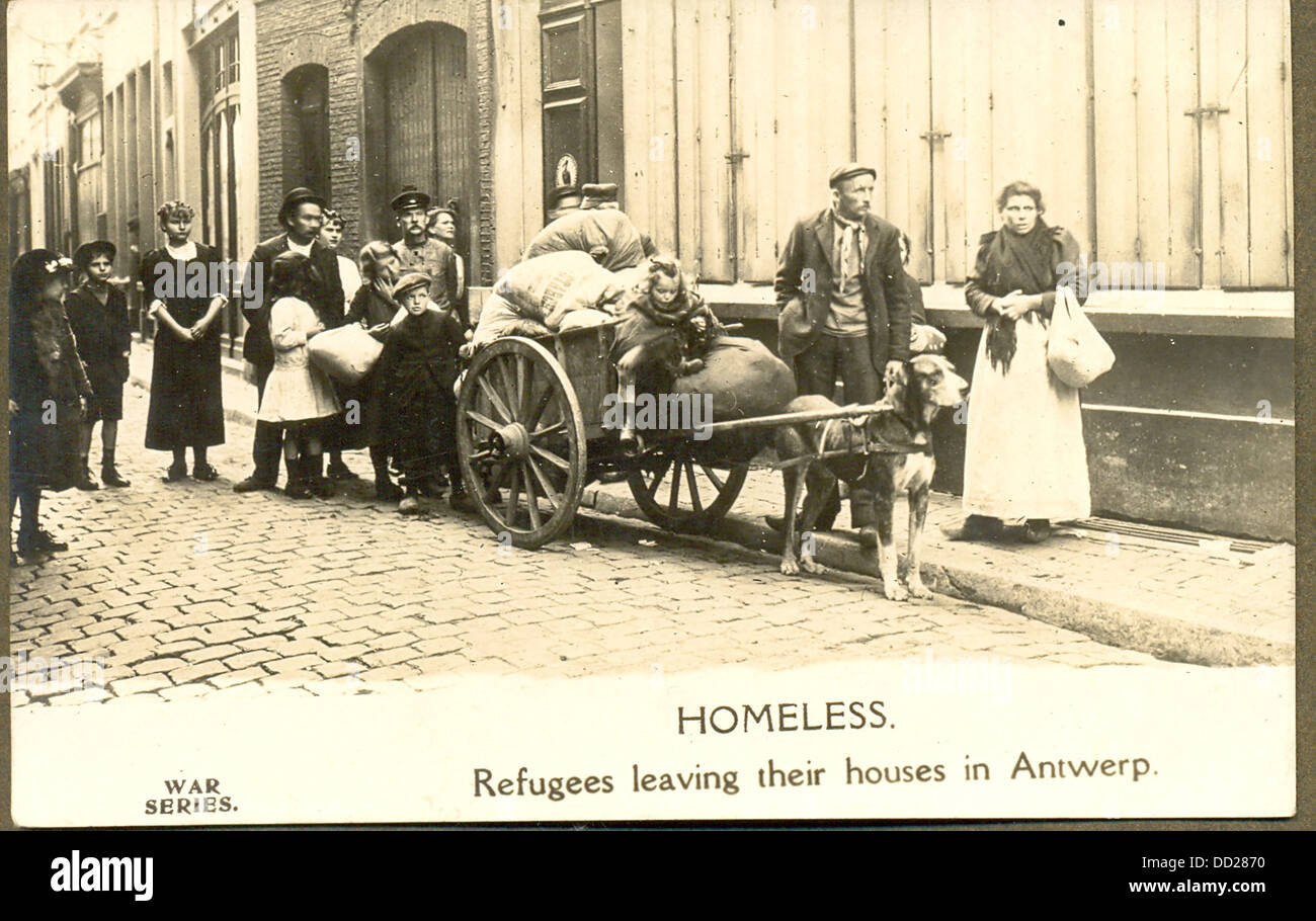World War One postcard of Belgian refugees leaving their homes Stock ...