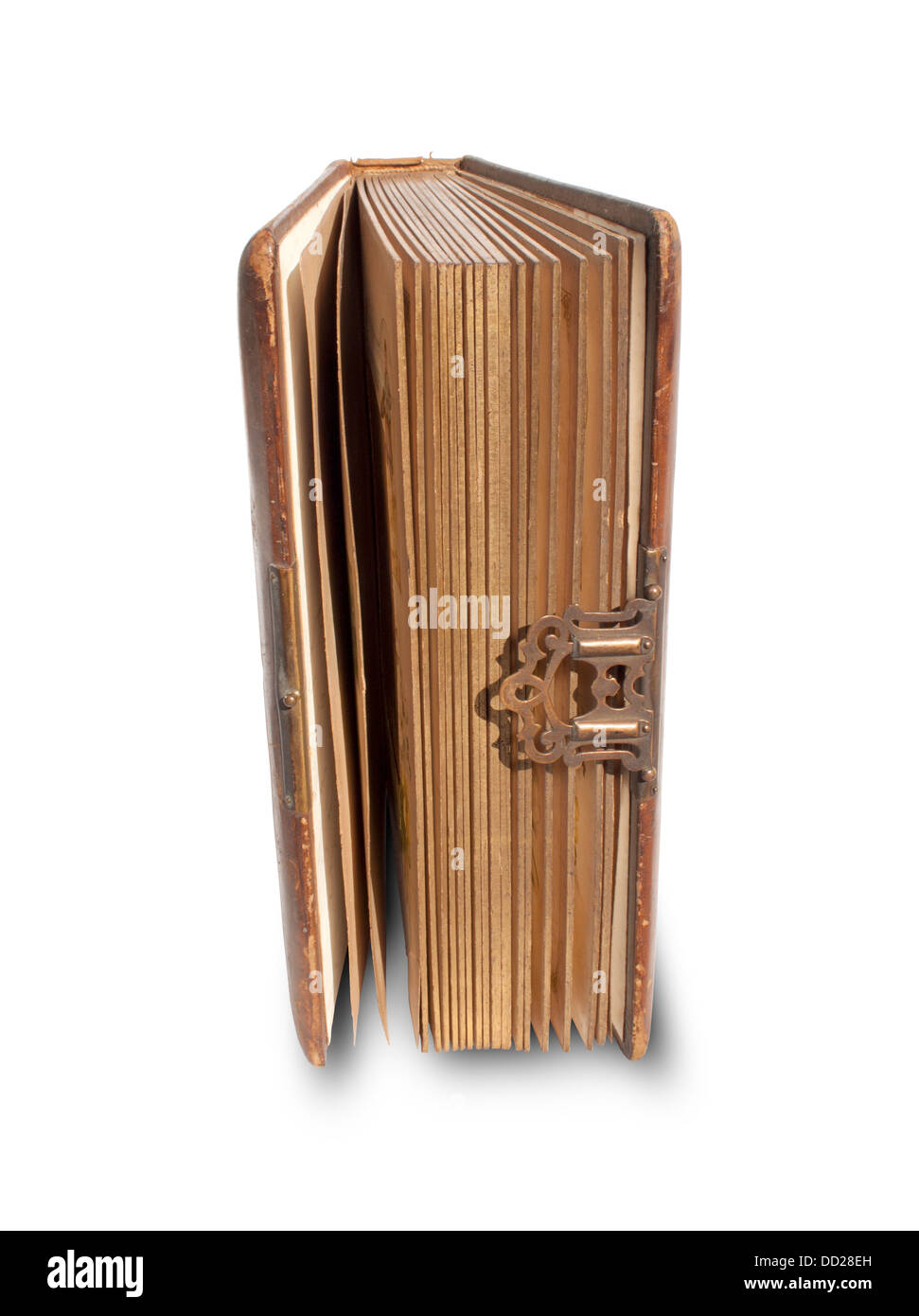 An slightly open old leather bound antique book with a brass lock and ...