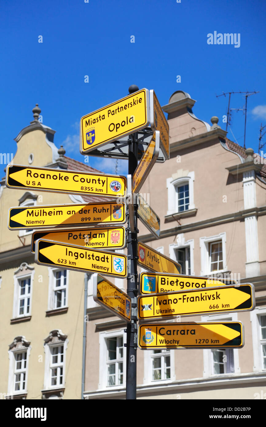 Road sign showing direction and distances to partnership cities, Rynek ...