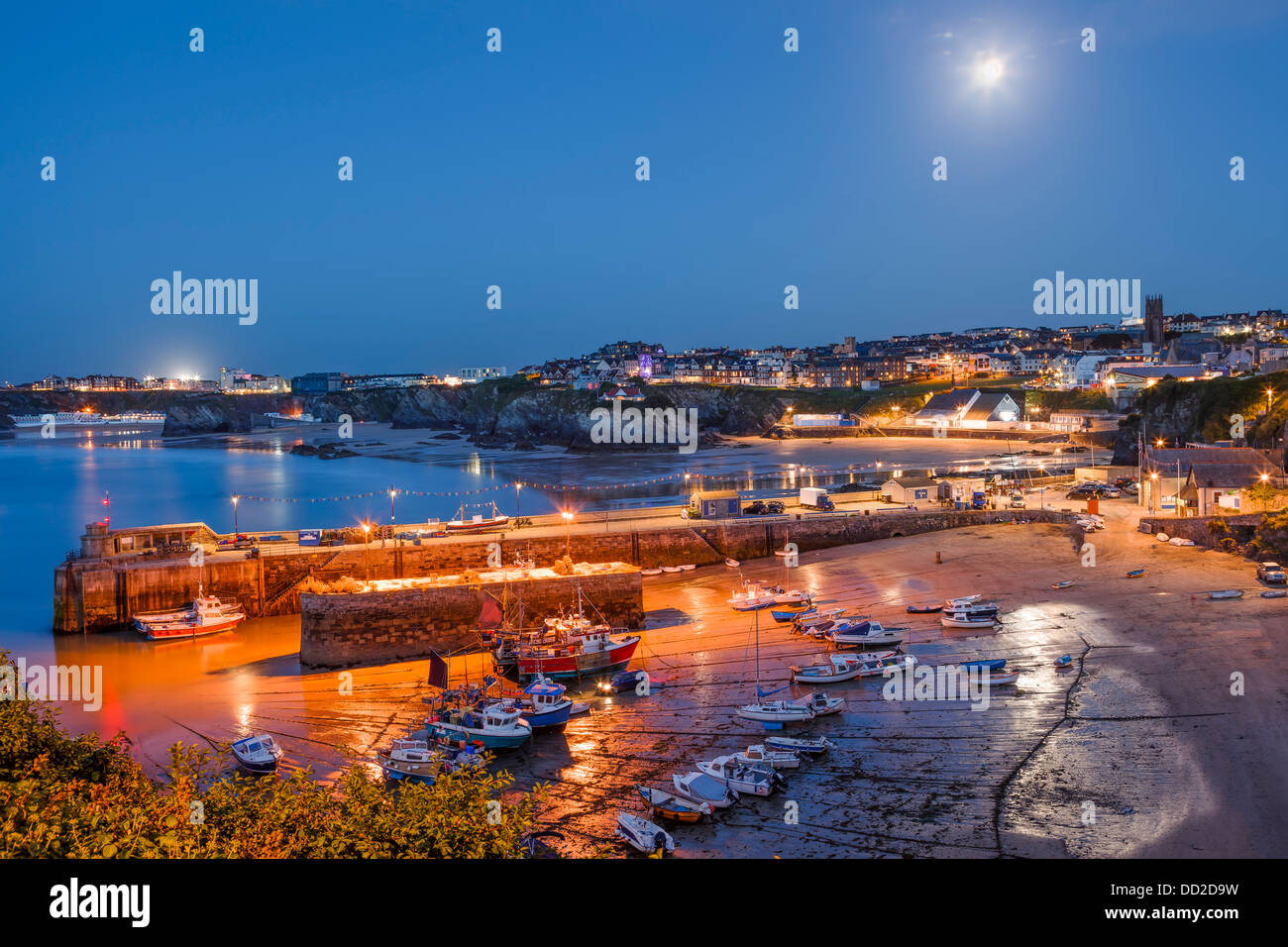 Full moon over the harbour and town at Newquay Cornwall England UK ...