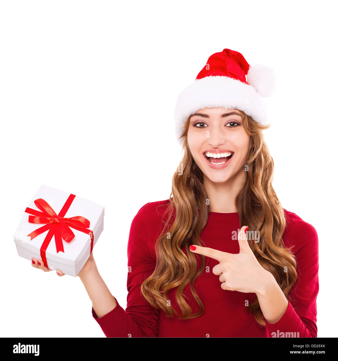 Portrait of beautiful Christmas woman in Santa Claus costume with gift ...