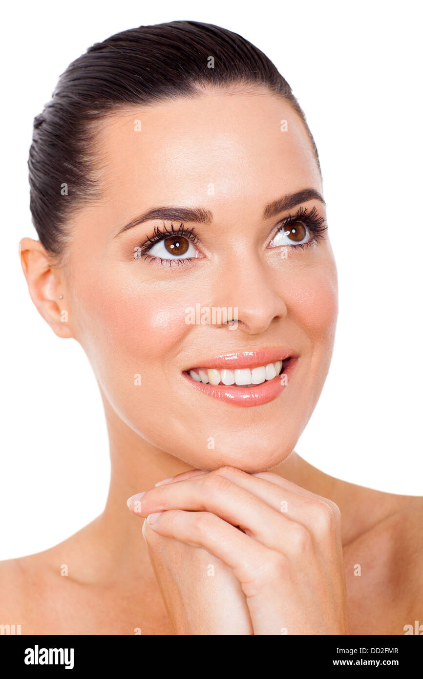 pretty woman looking up isolated on white background Stock Photo - Alamy