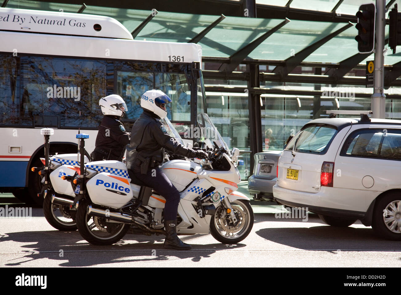 australian Sydney police officers on police motorbikes in lee street ...