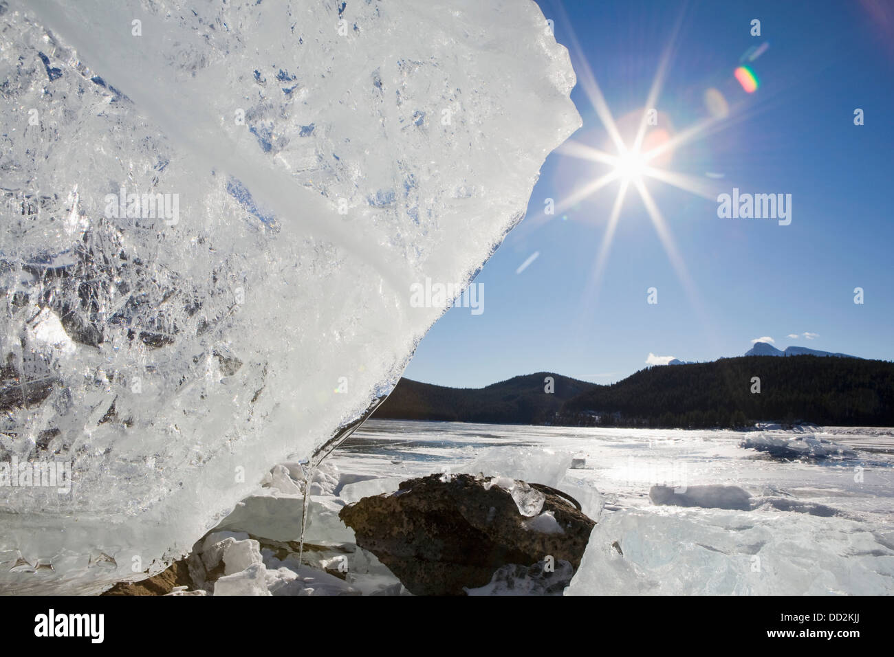 Ice Formation On Shoreline Of A Mountain Lake With A Sunburst And Blue ...