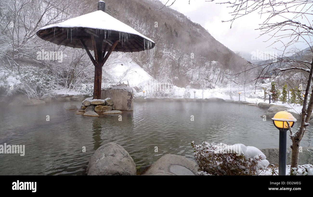 An outdoor bath (rotenburo) near Takayama in Gifu Prefecture, Japan ...