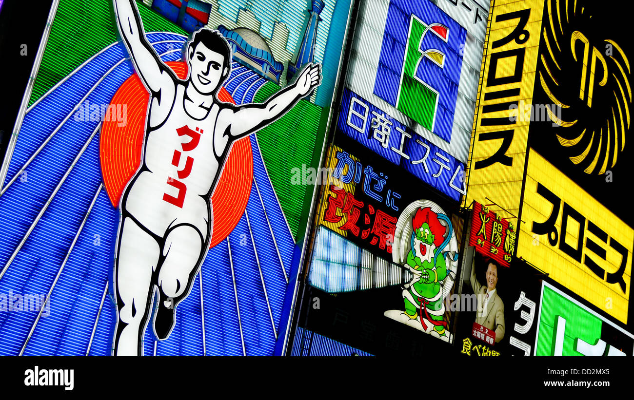 Neon signs, including the famous Glico man, in the entertainment ...