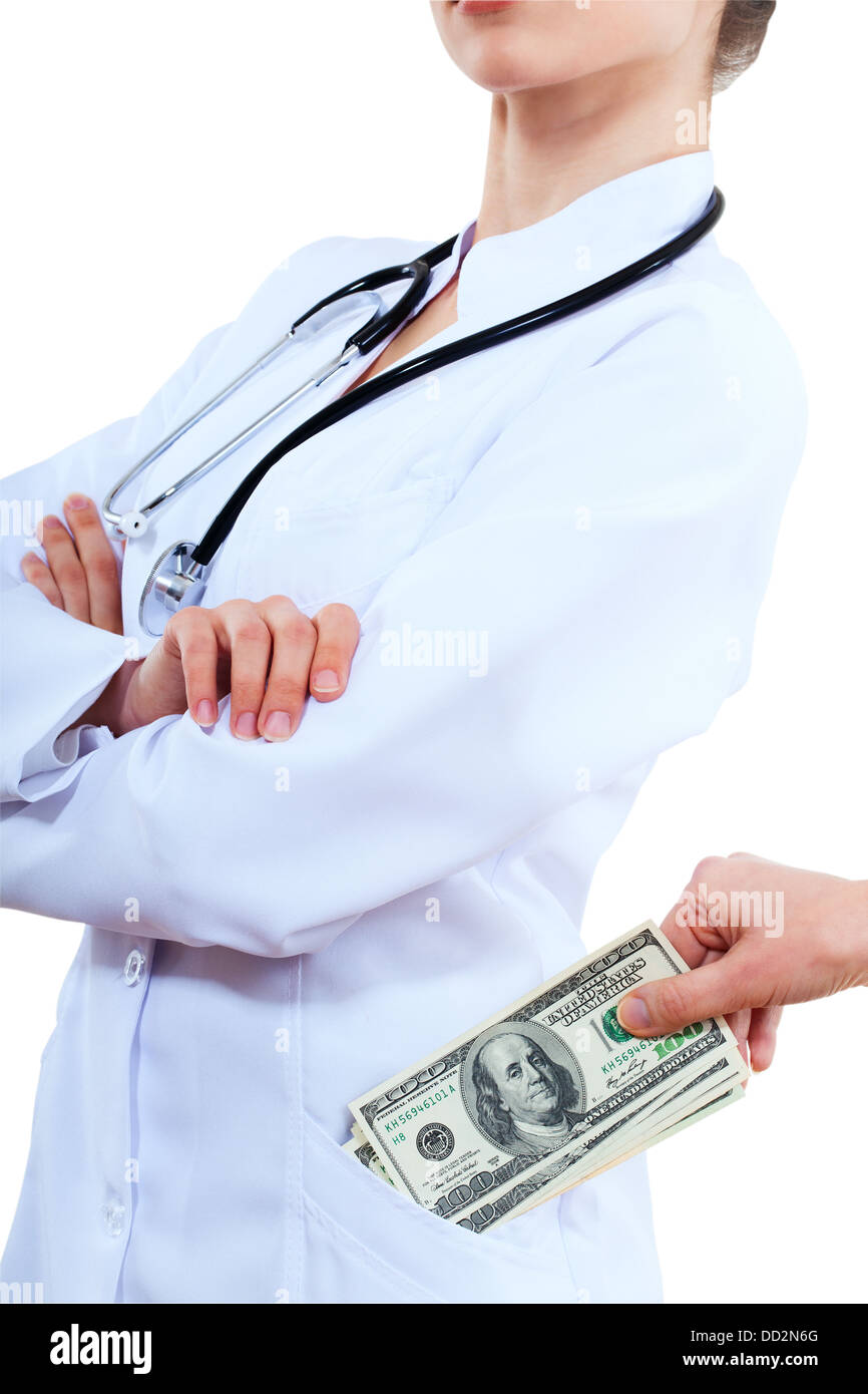The patient puts money in your pocket doctor. Isolated over white ...