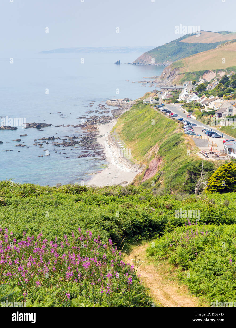 South West Coast Path at Portwrinkle village Cornwall with Whitsand Bay ...