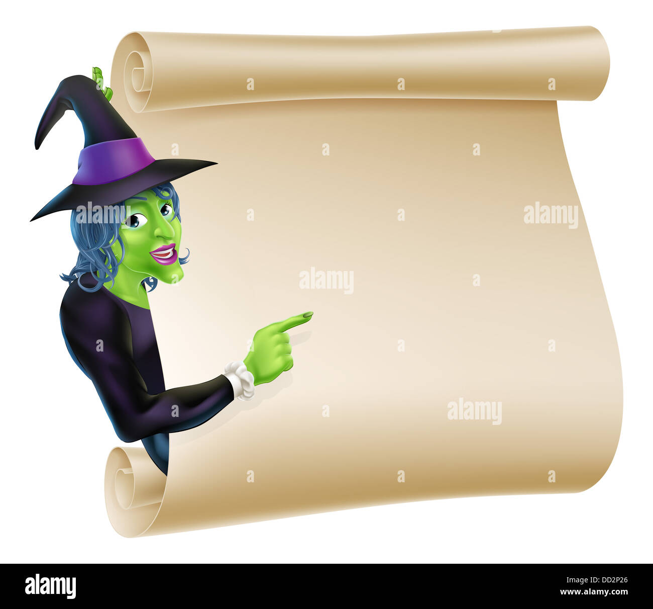 An illustration of a Halloween witch character peeping round a scroll ...