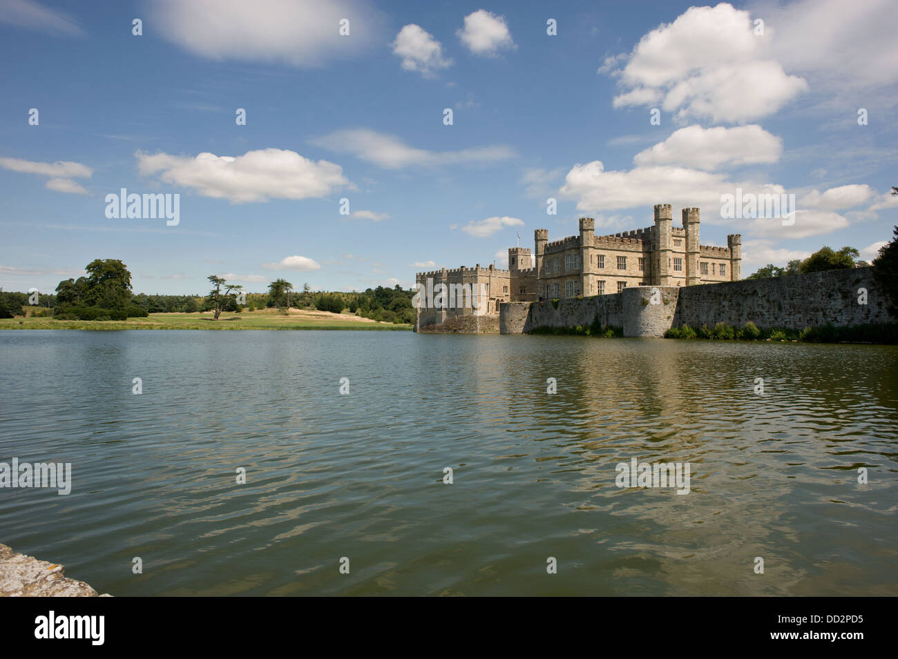 Wide view of Leeds Castle in Kent, England showing blue sky and ...