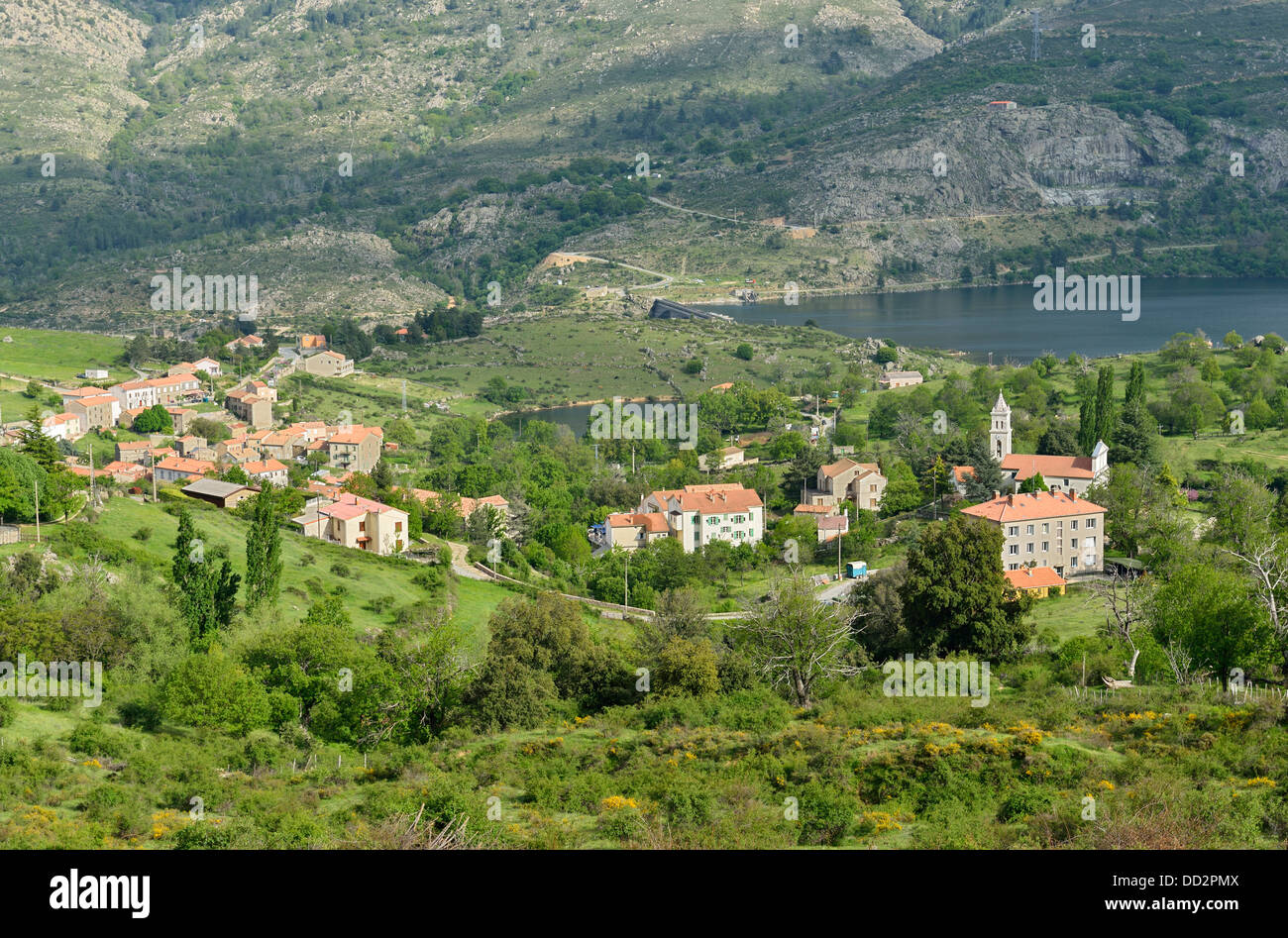 Aerial view of village of Calacuccia, Niolo Valley, Central Massif ...