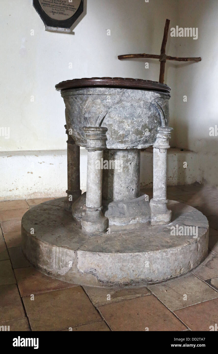 The Norman tub font in the parish church of St Peter at Belaugh, near ...