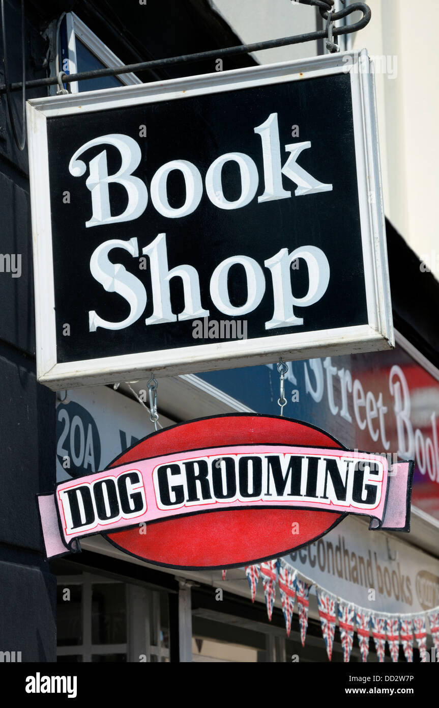 Whitstable, Kent, England, UK. Book shop / dog grooming sign Stock ...