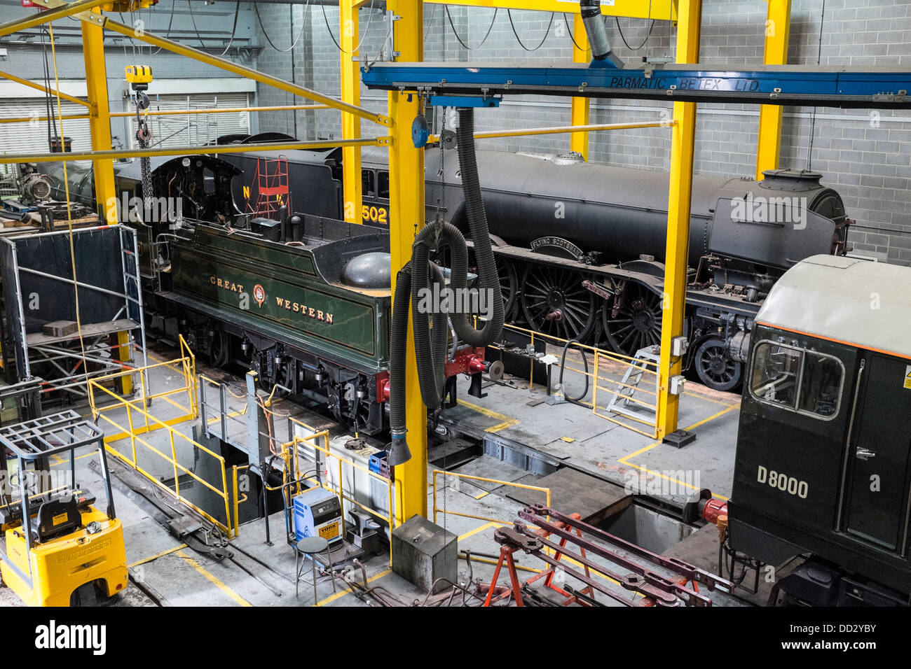 LNER A3 Pacific Flying Scotsman and a GWR steam engine in the workshop ...
