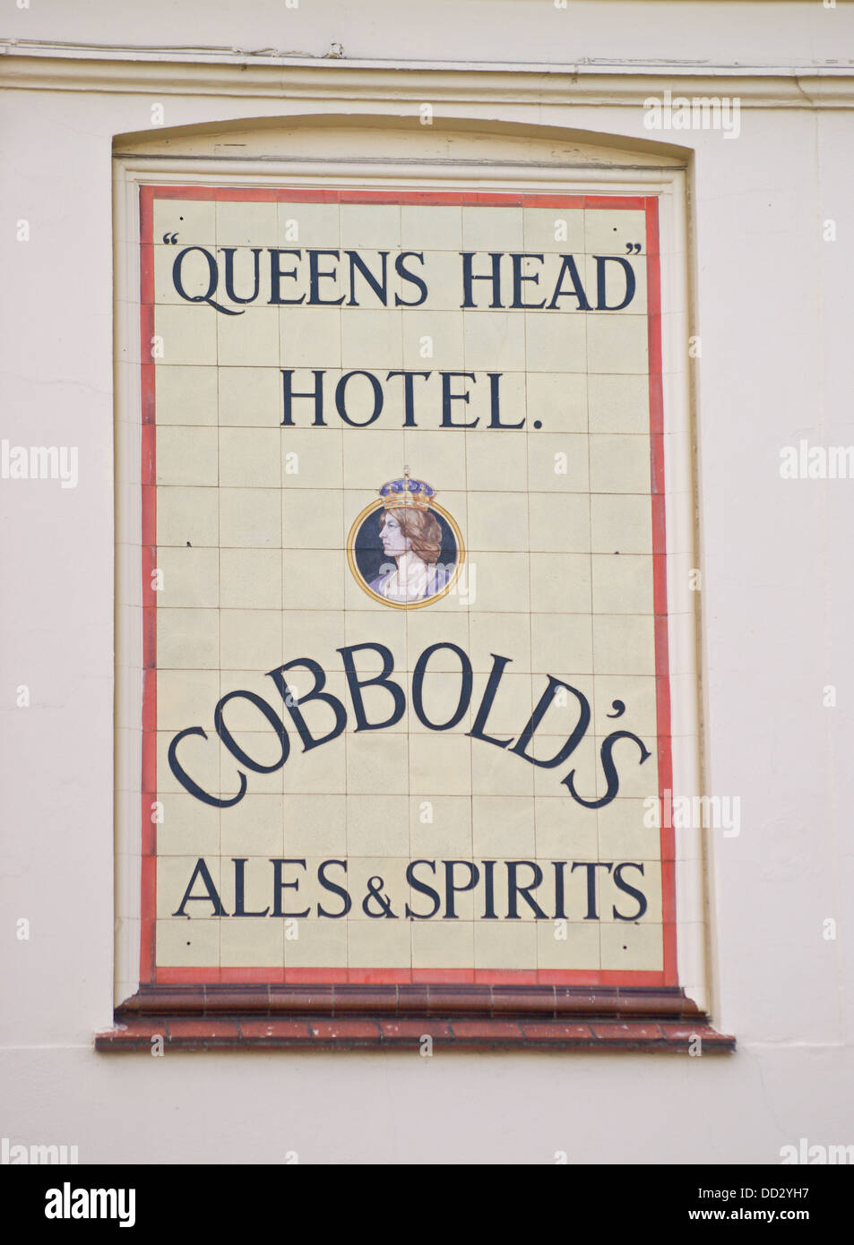 Tiled sign of the former Cobbold brewery, Queen's Head Hotel, Great ...