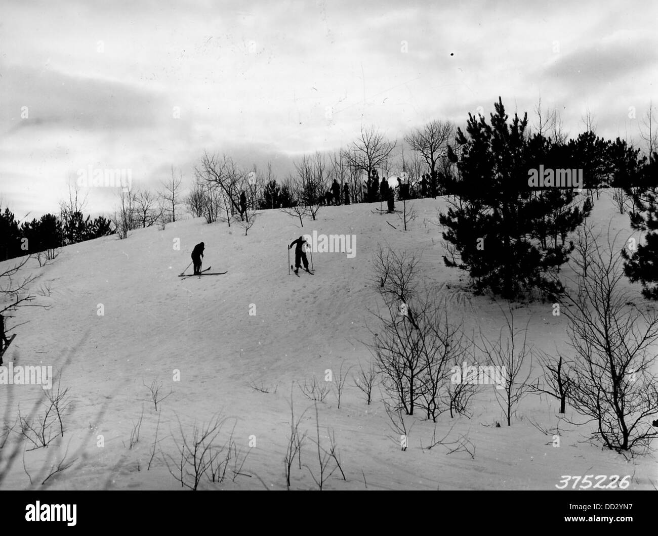 A group of skiers captured during a winter sport activity. The image ...