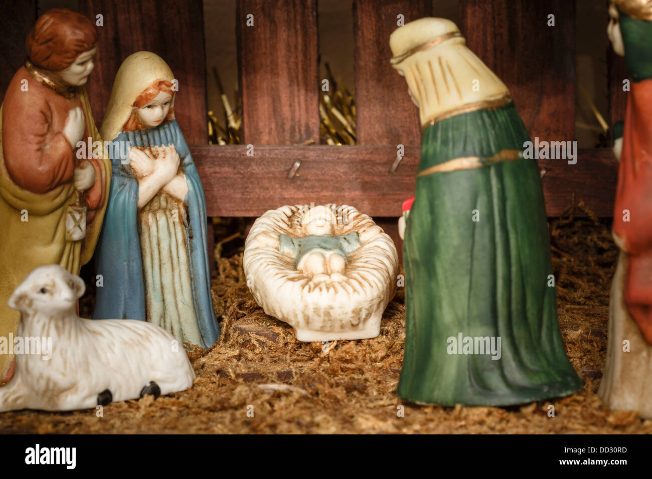 Closeup of figures from a nativity scene or set with Jesus Christ, Mary ...