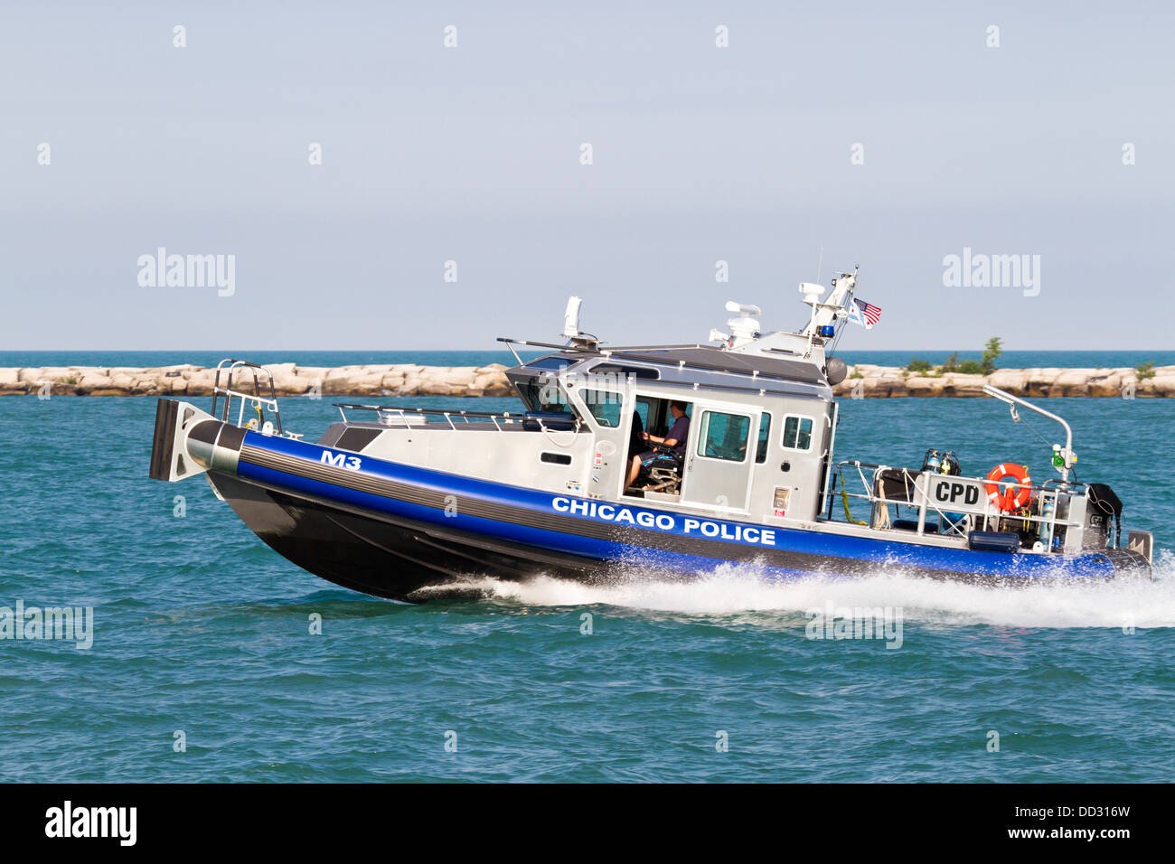 Chicago police department boat at the Chicago harbor Illinois, USA ...