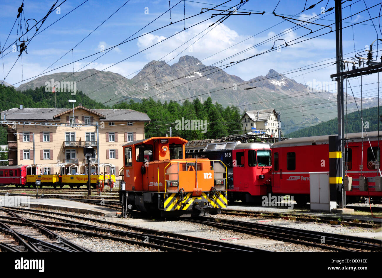 Switzerland - St Moritz - the railway station - colourful carriages ...