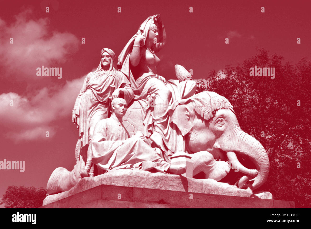 Statue around the Albert Memorial, tinted red. Statue represents 'India ...