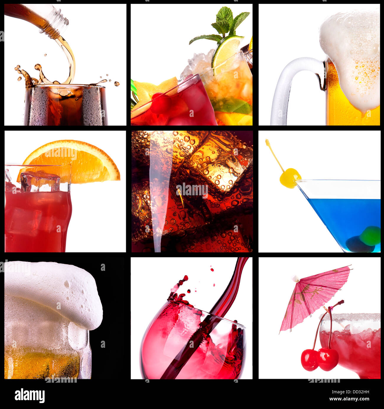 collage with alcohol cocktails - beer, martini, soda,cola,cocktail,wine ...