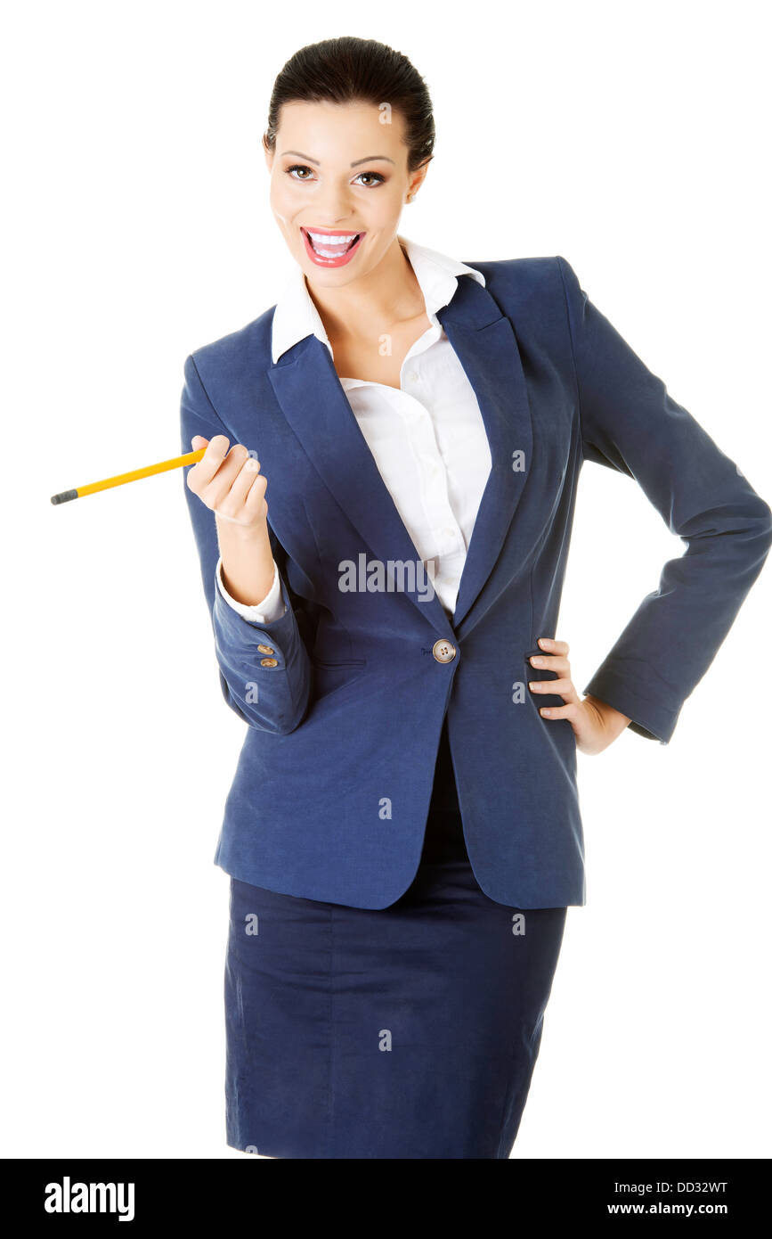 Attractive happy businesswoman with pen, isolated on white Stock Photo ...