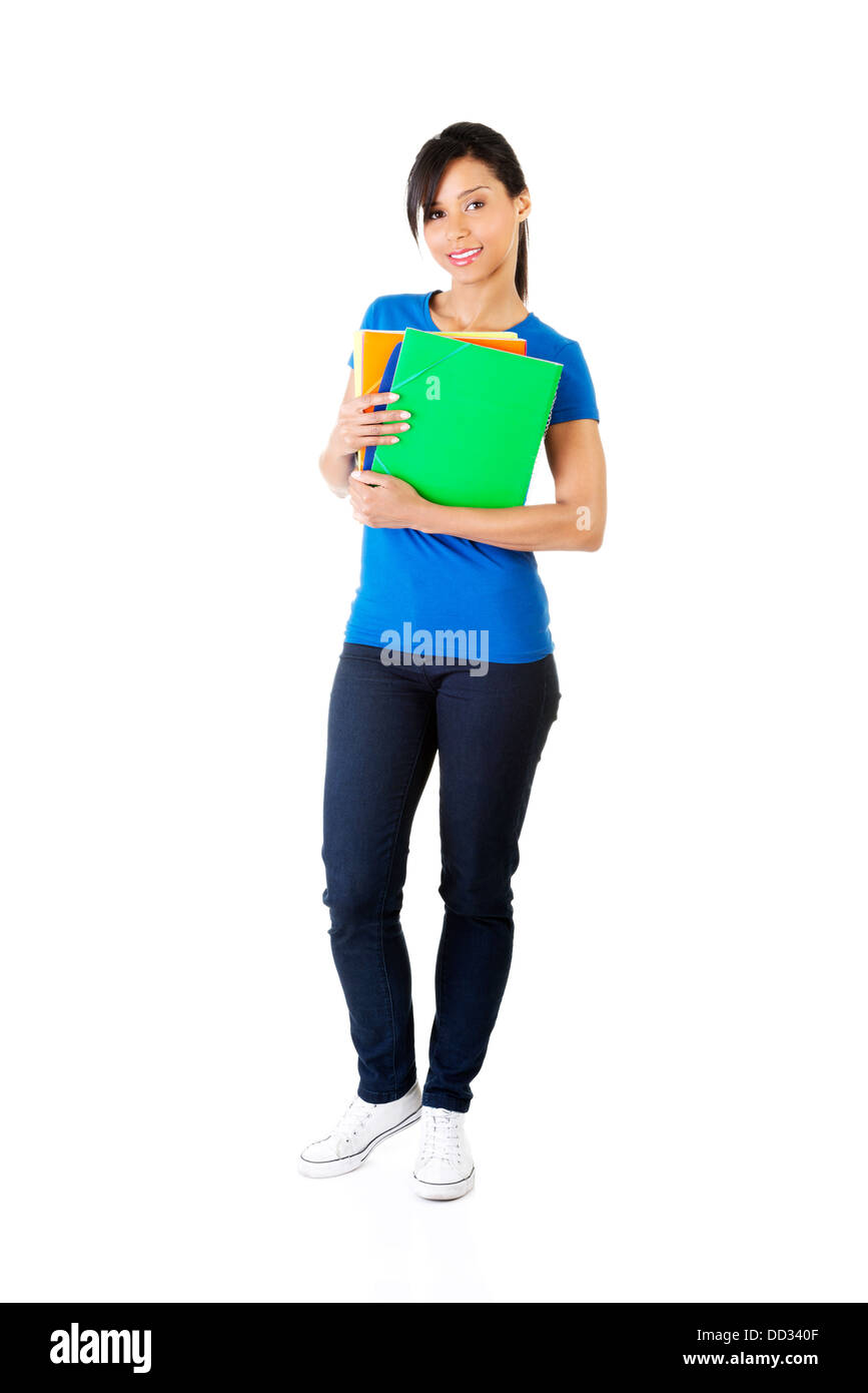 Happy student woman with notebooks, isoalted on white background Stock ...