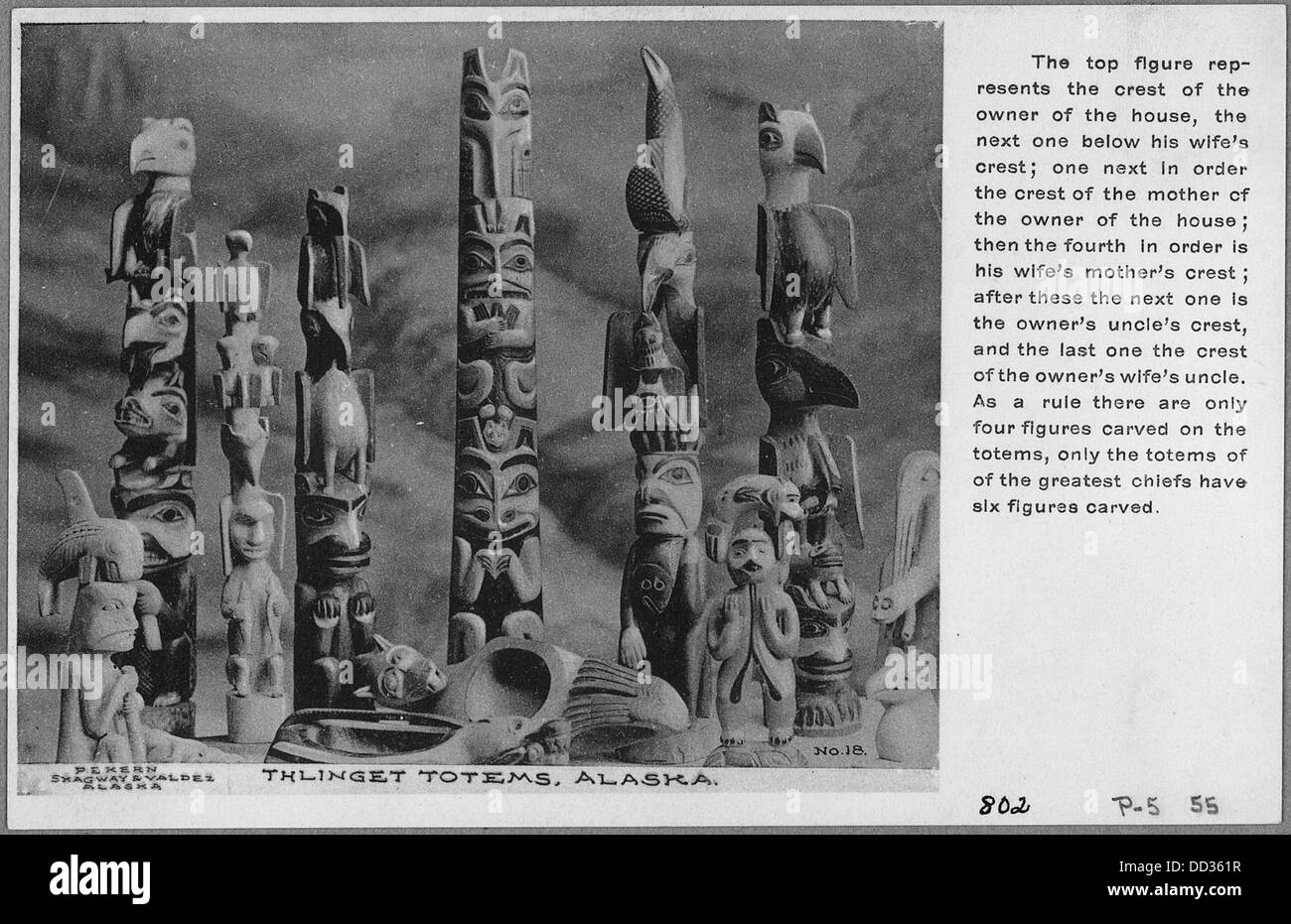 This image shows Thlinget totem poles from Alaska, showcasing the ...