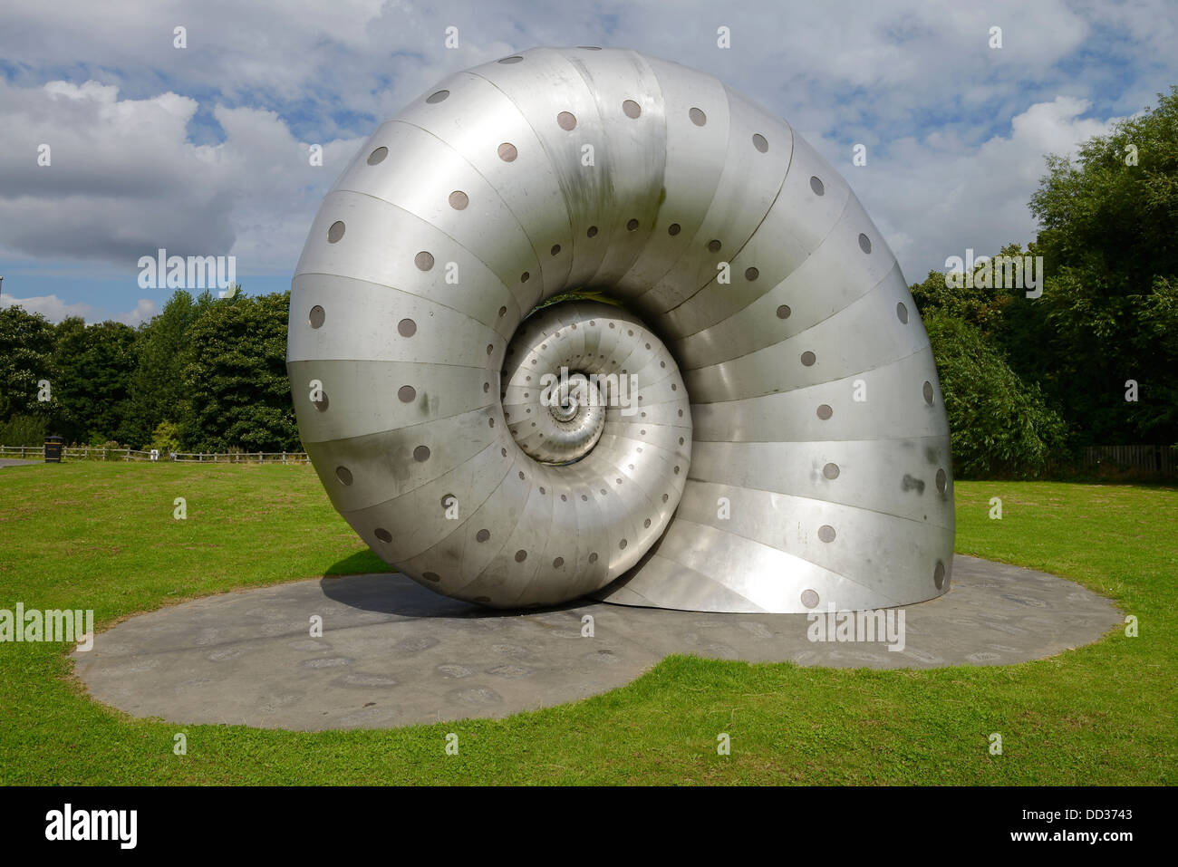 Metal spiral snail sculpture on fields on the edge of Chesterfield town ...
