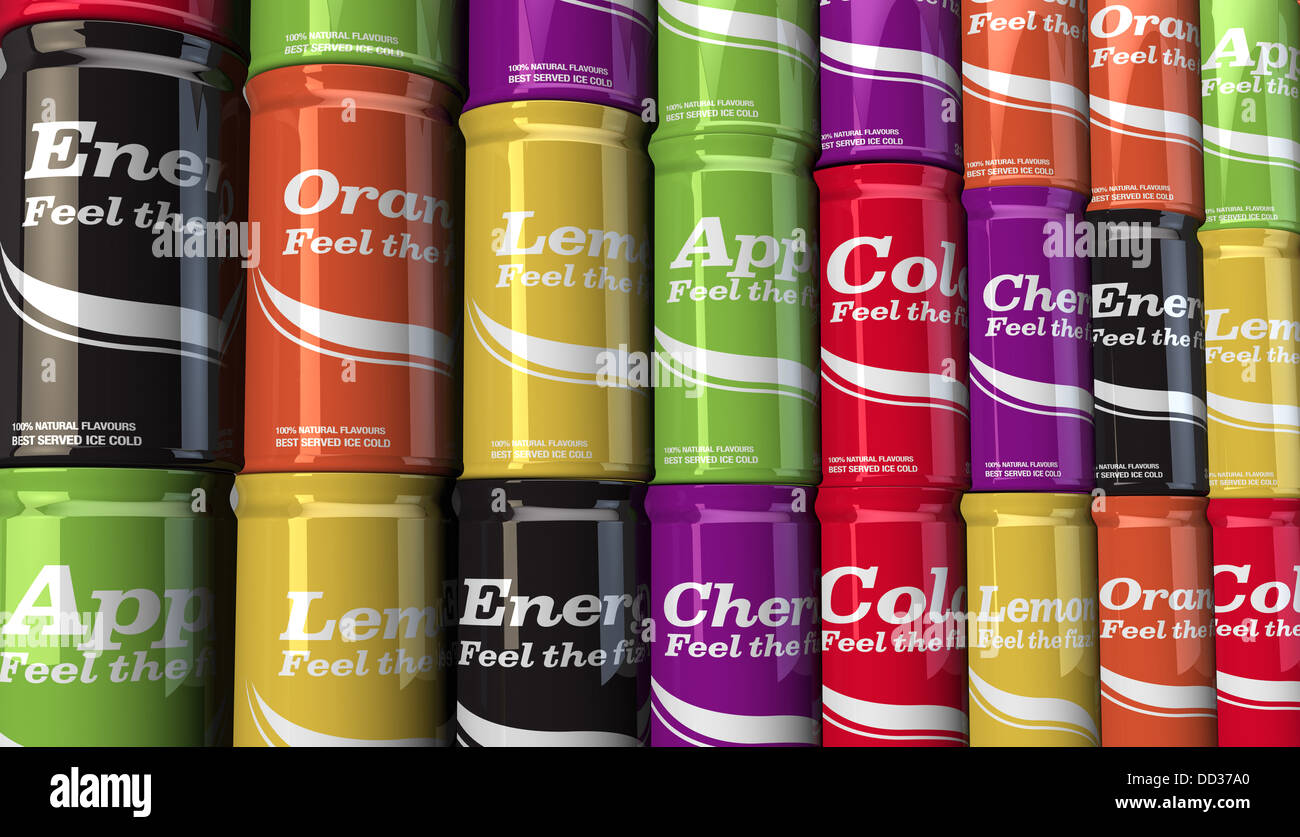 Rows of different coloured drinks cans with original design on Stock ...