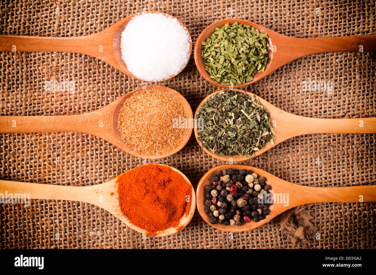 Group of spices in the wooden spoon from above Stock Photo - Alamy
