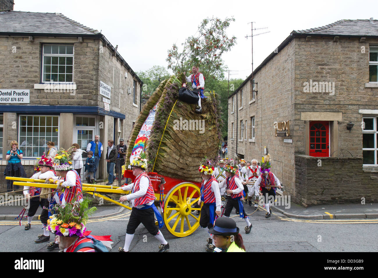Morris dancers pulling the cart at Saddleworth Rushcart 2013 Stock ...
